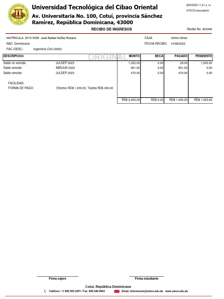 Pago de Inscripcion Uteco | PDF