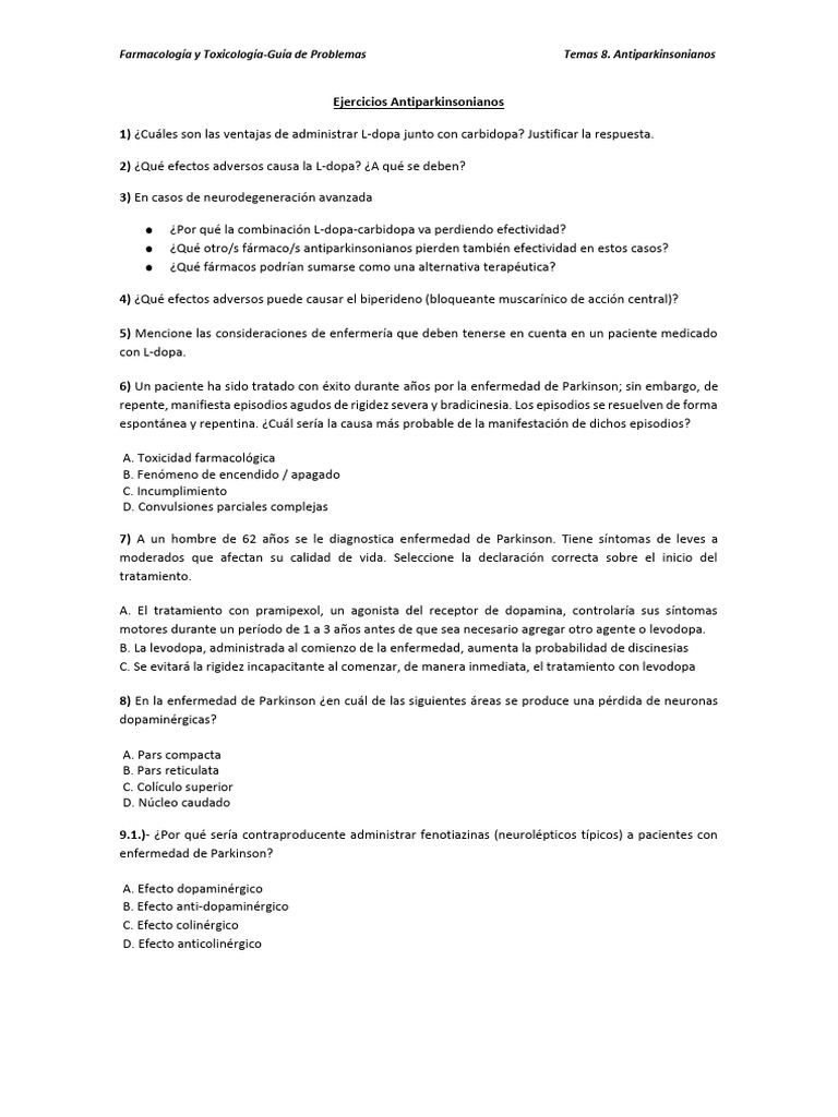 Ej. Clase 8. Antiparkinsonianos 2021 | PDF | Enfermedad de Parkinson | Dopamina