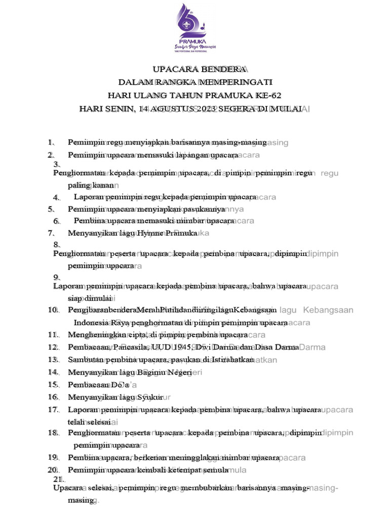 TEKS PROTOKOL UPACARA HUT PRAMUKA KE 62 THN 2023 | PDF