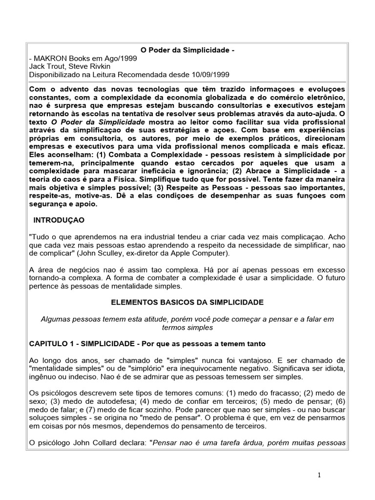 Poder Da Simplicidade, O | PDF | Marketing | Pensamento Poder Da Simplicidade, O | PDF | Marketing | Pensamento