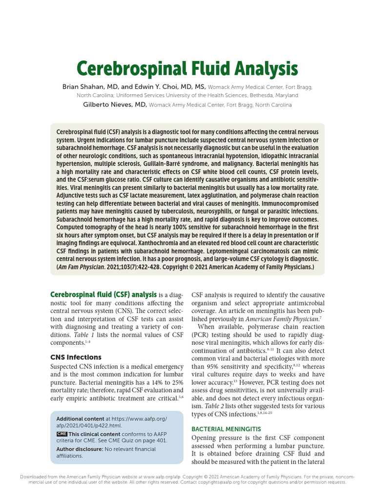 Cerebrospinal Fluid (CSF) Analysis | PDF | Meningitis | Cerebrospinal Fluid