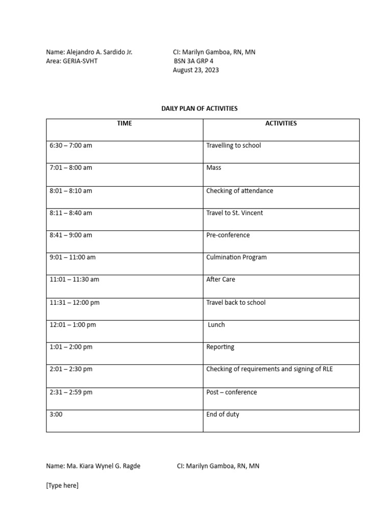 Daily Activities Plan for BSN 3A Group 4 | PDF