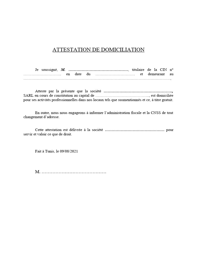 Attestation de Domiciliation d'Entreprise | PDF