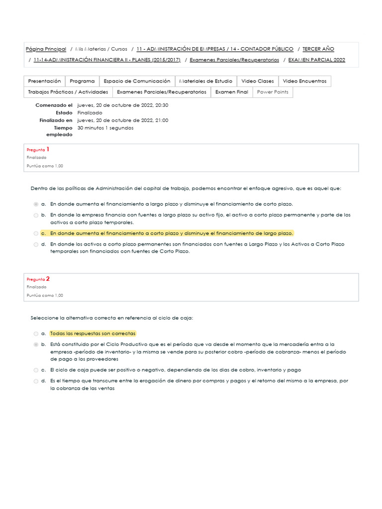 EXAMEN PARCIAL 2022 - Revisión Del Intento Marfurt | PDF | Capital de trabajo | Hoja de balance