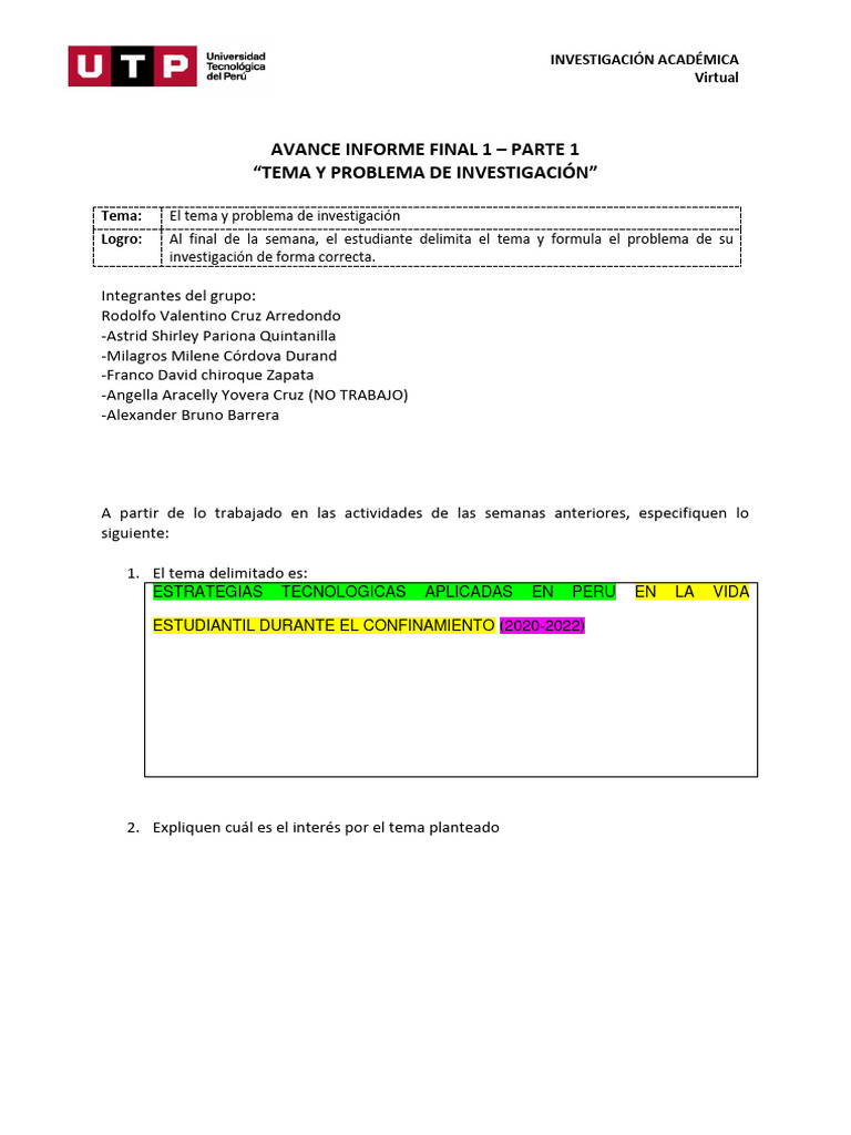 Semana 03-Formato - Avance de Informe Final 1 - Parte 1 - Tema y Problema de Investigación | PDF ...