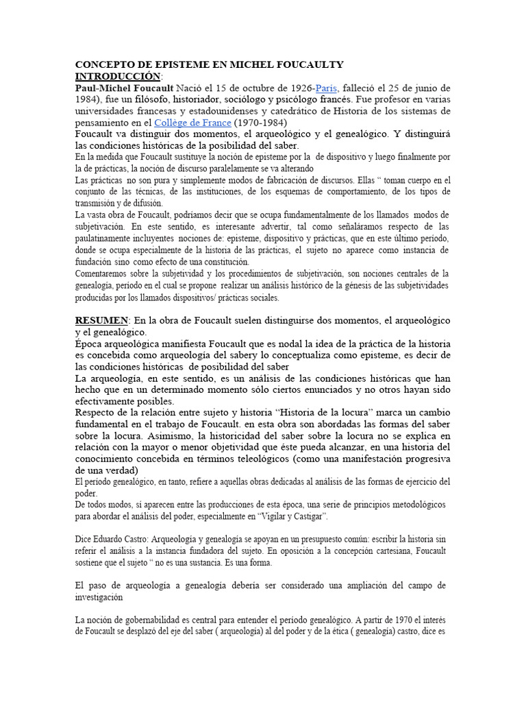CONCEPTO DE EPISTEME EN MICHEL FOUCAULTY introducción y resumen | PDF ...