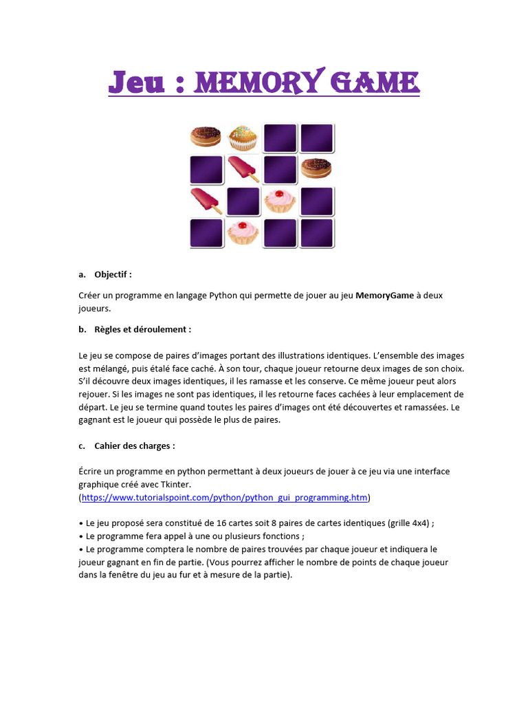 Jeu Memory en Python avec Tkinter | PDF