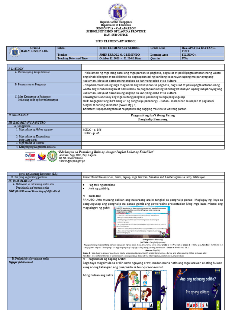 DLP - GRADE 4 - FILIPINO - COT - 1st - GRADING | PDF