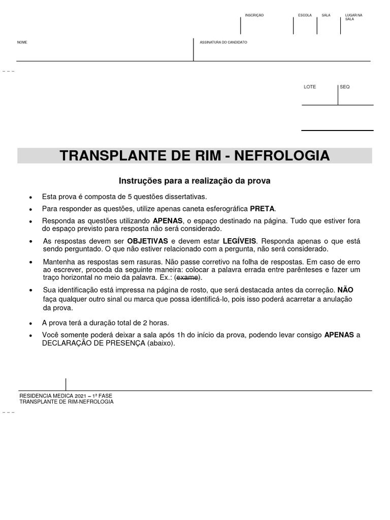 Prova Transplante de Rim - Nefrologia Unicamp | PDF | Doença renal ...