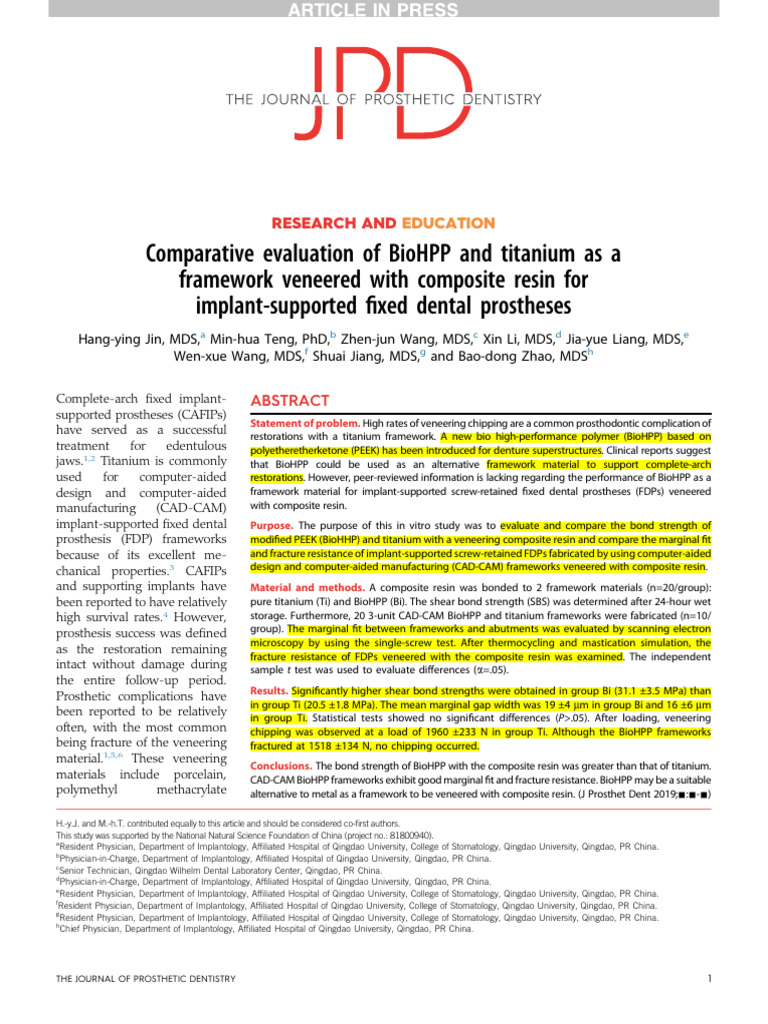 Comparative Evaluation of BioHPP and Titanium As A PFP 3 UNIDADES | PDF ...