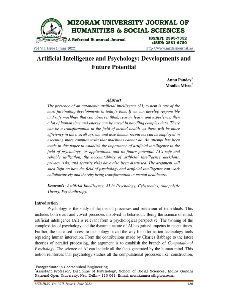 Artificial Intelligence and Psychology Developments and | PDF ...