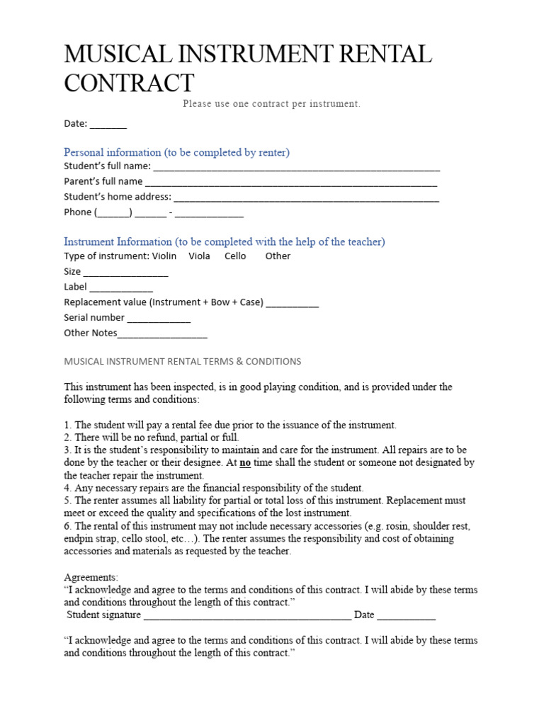 Musical Instrument Rental Agreement | PDF | Law