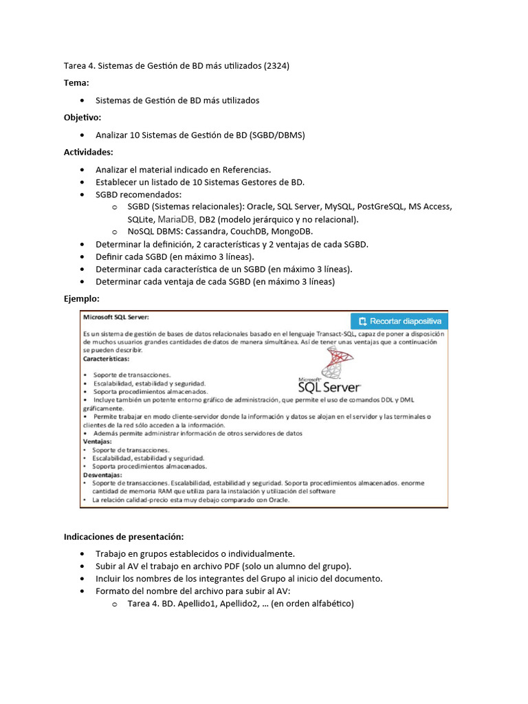 Tarea 4. SGBD Más Utilizados (2324) | PDF