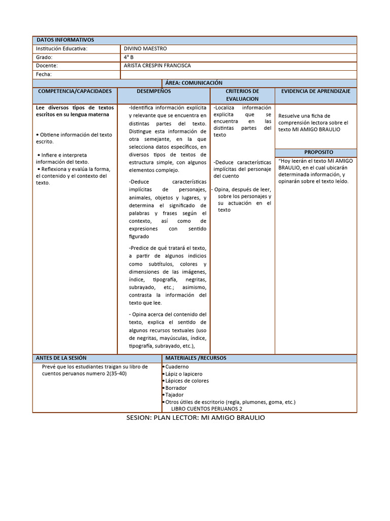 Plan Lector Mi Amigo Braulio | PDF | Comprensión lectora | Comunicación ...