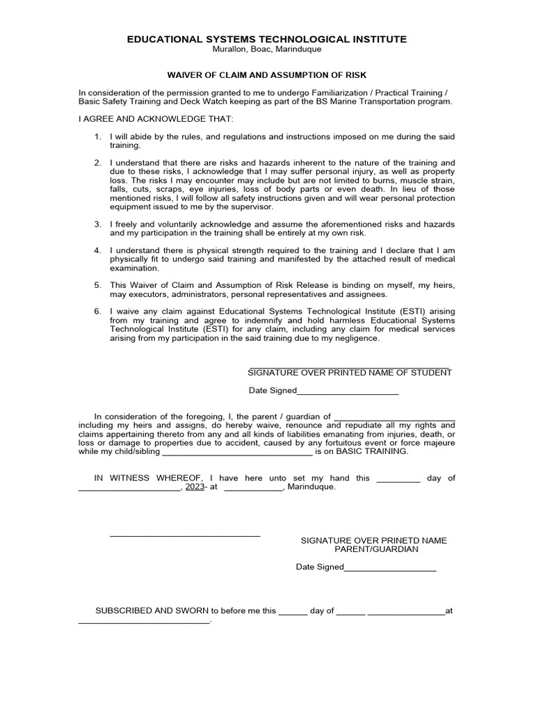 Parent Consent | PDF | Indemnity | Business Law