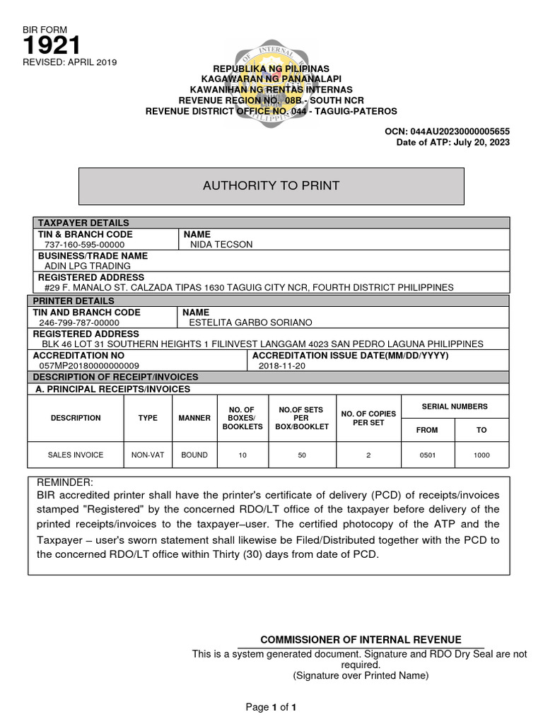 Authority To Print (ATP) | PDF | Finance & Money Management