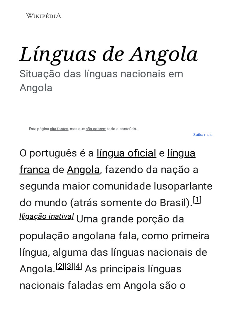 Línguas de Angola - Wikipédia, A Enciclopédia Livre | PDF | Angola