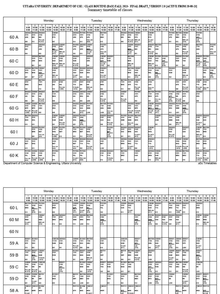 Day Batches Class Routine Fall 2023 Version 2.0 From 28-08-23 | PDF