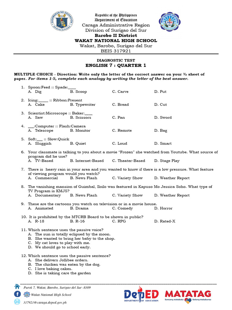 English 7 Diagnostic Test - Quarter 1 | PDF | Sentence (Linguistics)