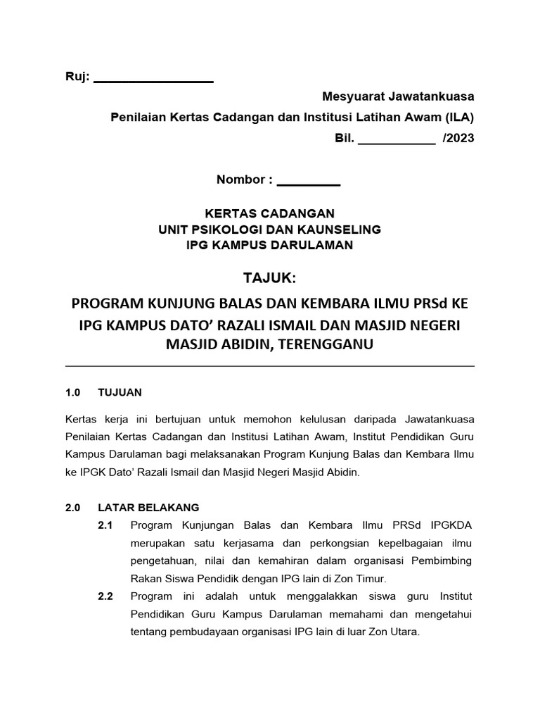 Kertas Kerja Program Kunjung Balas Dan Kembara Ilmu Ipgkdri 2023 | PDF
