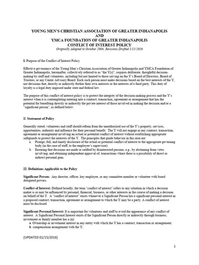 YMCA Greater Indianapolis Conflict Policy | PDF | Conflict Of Interest ...