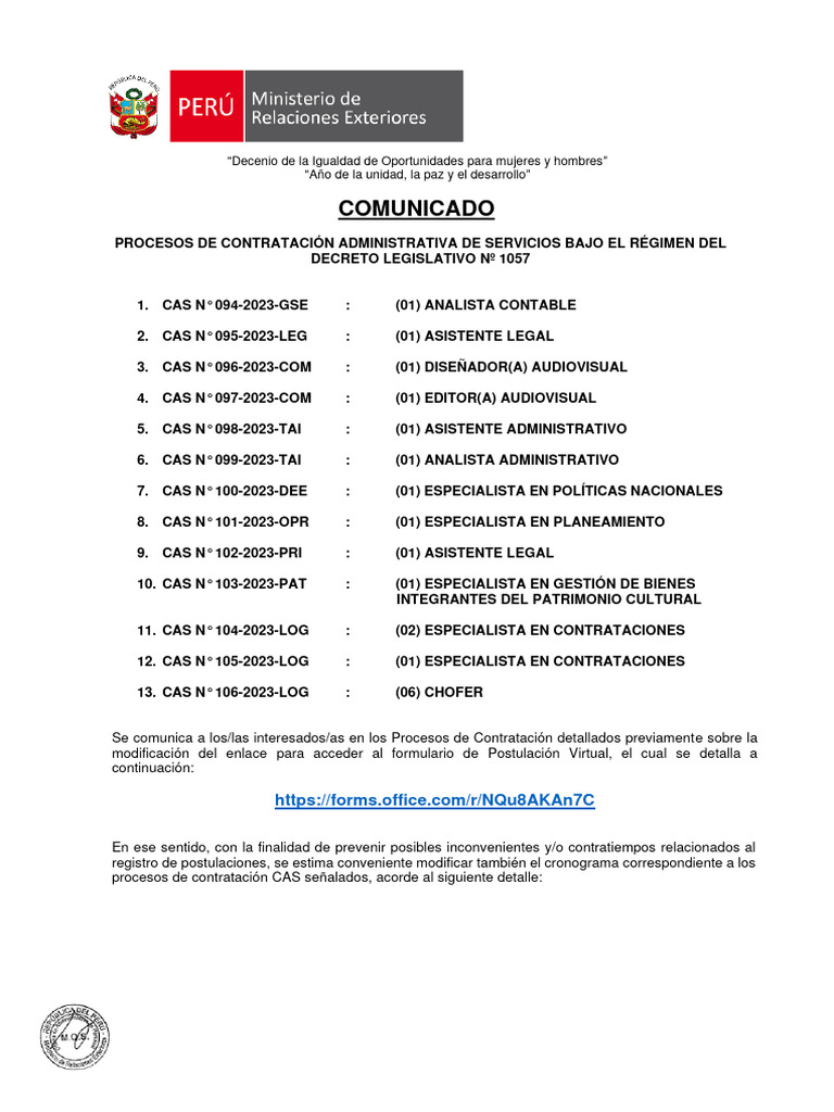 Comunicado Sobre El Enlace de Postulación PS Cas #094 Al 106 | PDF