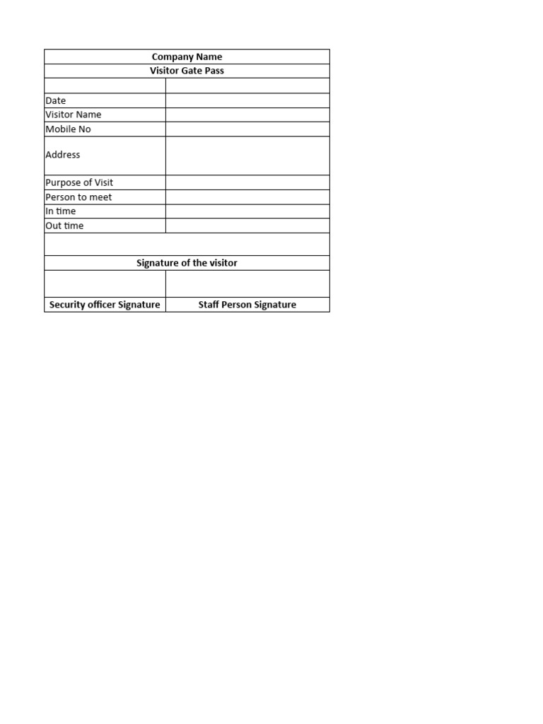 Visitor Gate Pass Format in Excel | PDF
