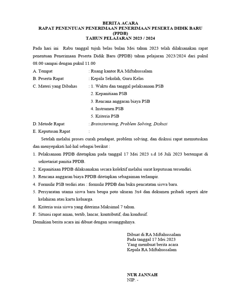 Berita Acara Rapat PPDB | PDF