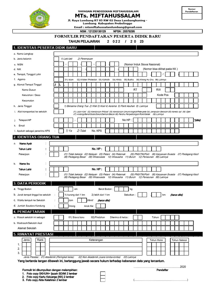 Formulir-Pendaftaran-MTs-2018 | PDF