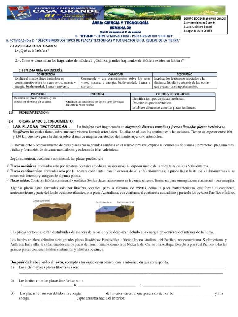 Semana 20-Cyt-1°grado-2023 | PDF | Placas tectónicas | Temblores