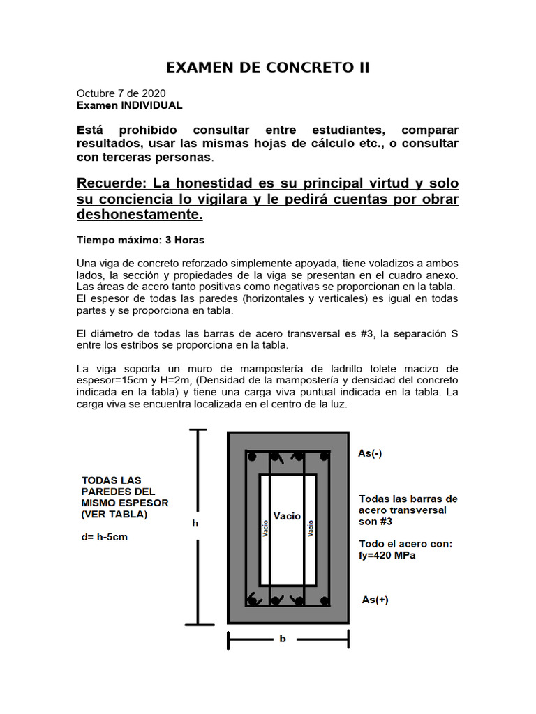 Primer Examen de Concreto II - II-2020 - g01 | PDF