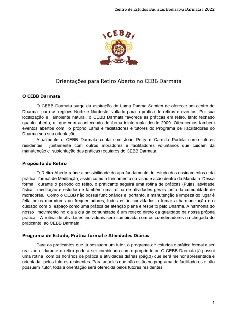 Orientações Retiro Aberto CEBB DARMATA 2022 | PDF | Darma | Meditação