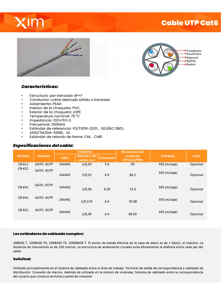 Especificaciones del Cable UTP Cat6 | PDF | Telecomunicaciones | Ingenieria Eléctrica