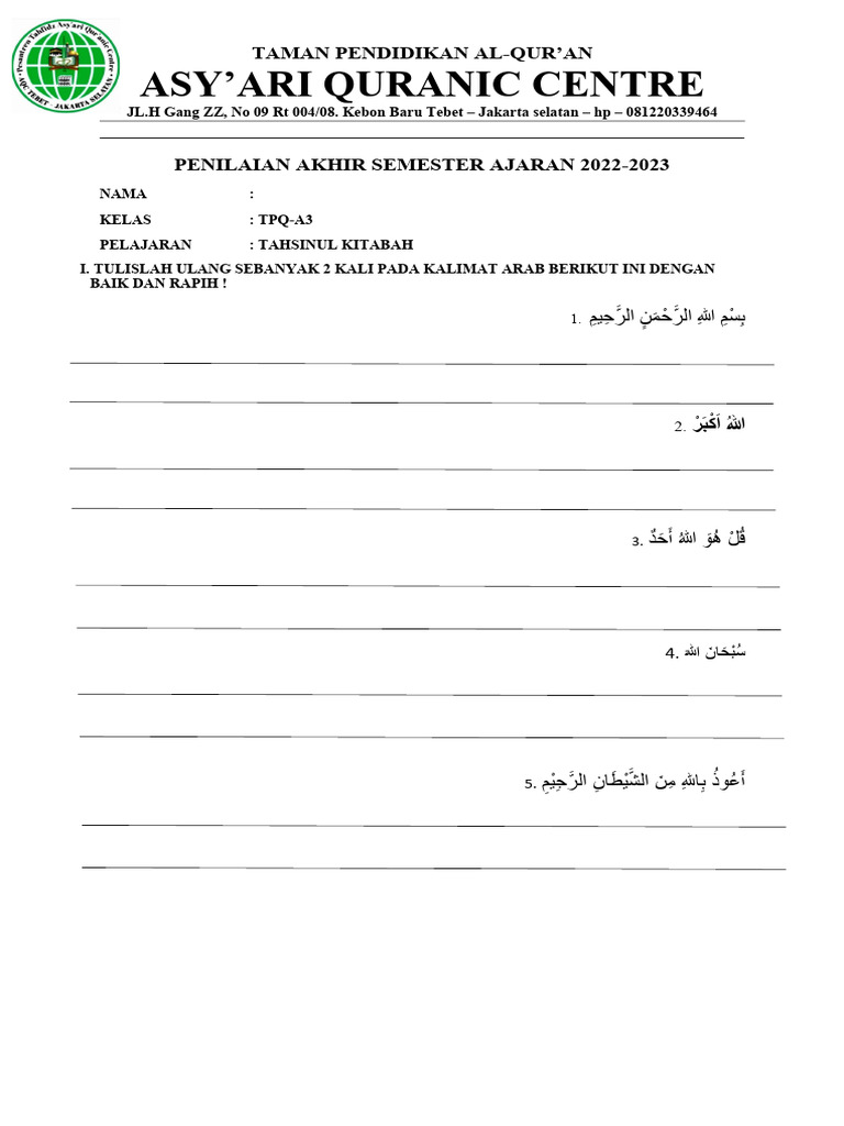 Penilaian Tahsinul Kitabah TPQ-A3 | PDF