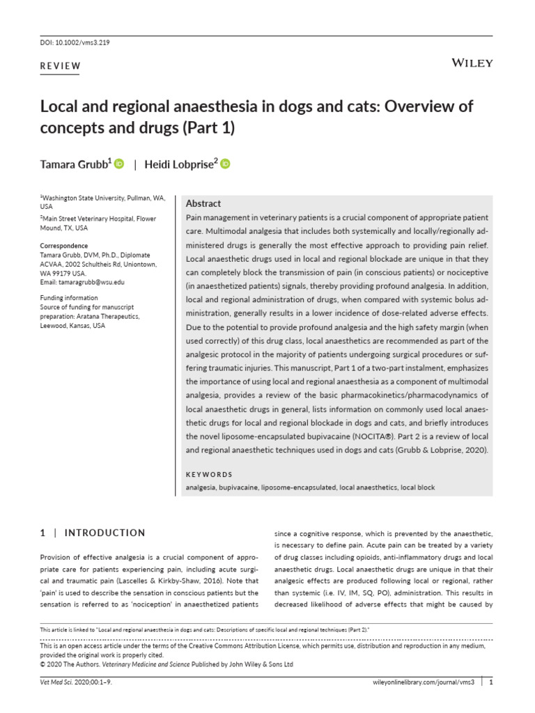 Local and Regional Anaesthesia in Dogs Cats Part 1 Overview of Concepts ...