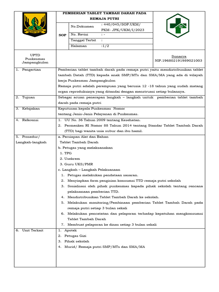 9. SOP Pemberian TTD Rematri | PDF