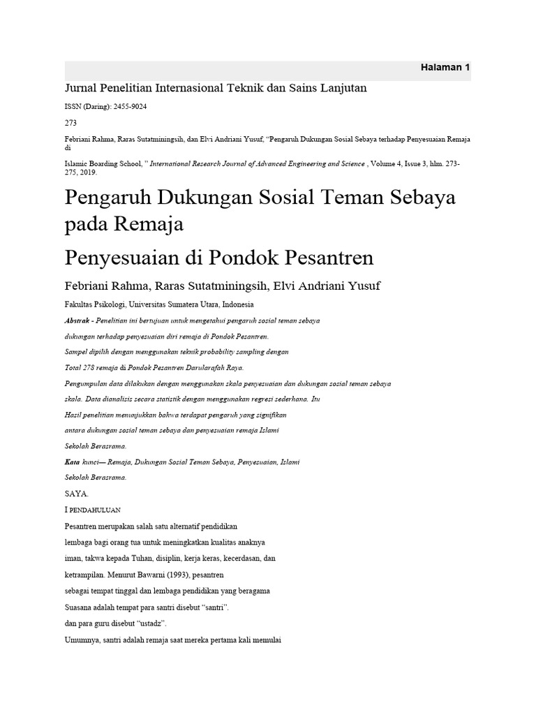 Pengaruh Dukungan Sosial Teman Sebaya Pada Remaja Penyesuaian Di Pondok Pesantren | PDF