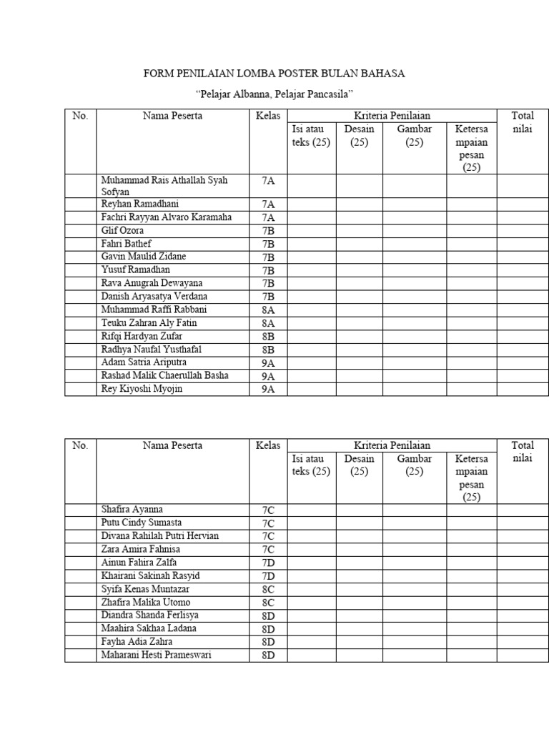FORM PENILAIAN LOMBA POSTER BULAN BAHASA | PDF