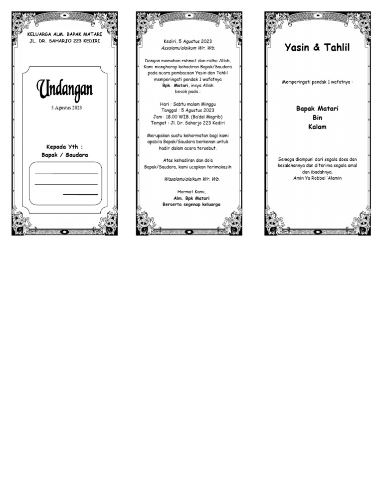Contoh Format Undangan Tahlil Haul Lipat 3 | PDF