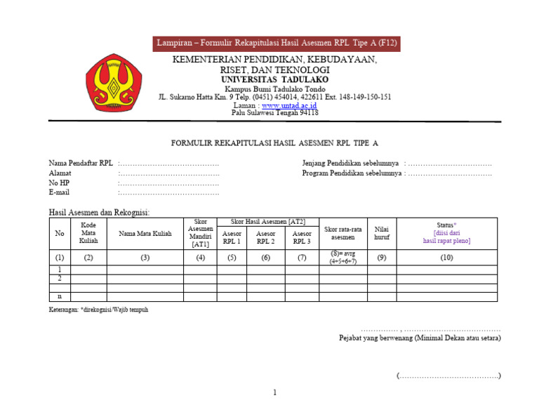 F 12 Formulir Rekapitulasi Hasil Asesmen RPL Tipe A | PDF