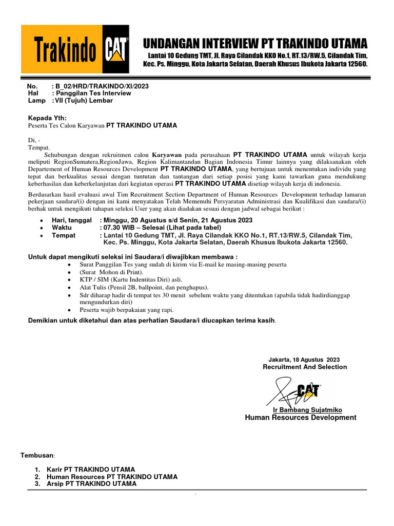 Lampiran Undangan Interview PT Trakindo Utama (TRAKINDO) | PDF