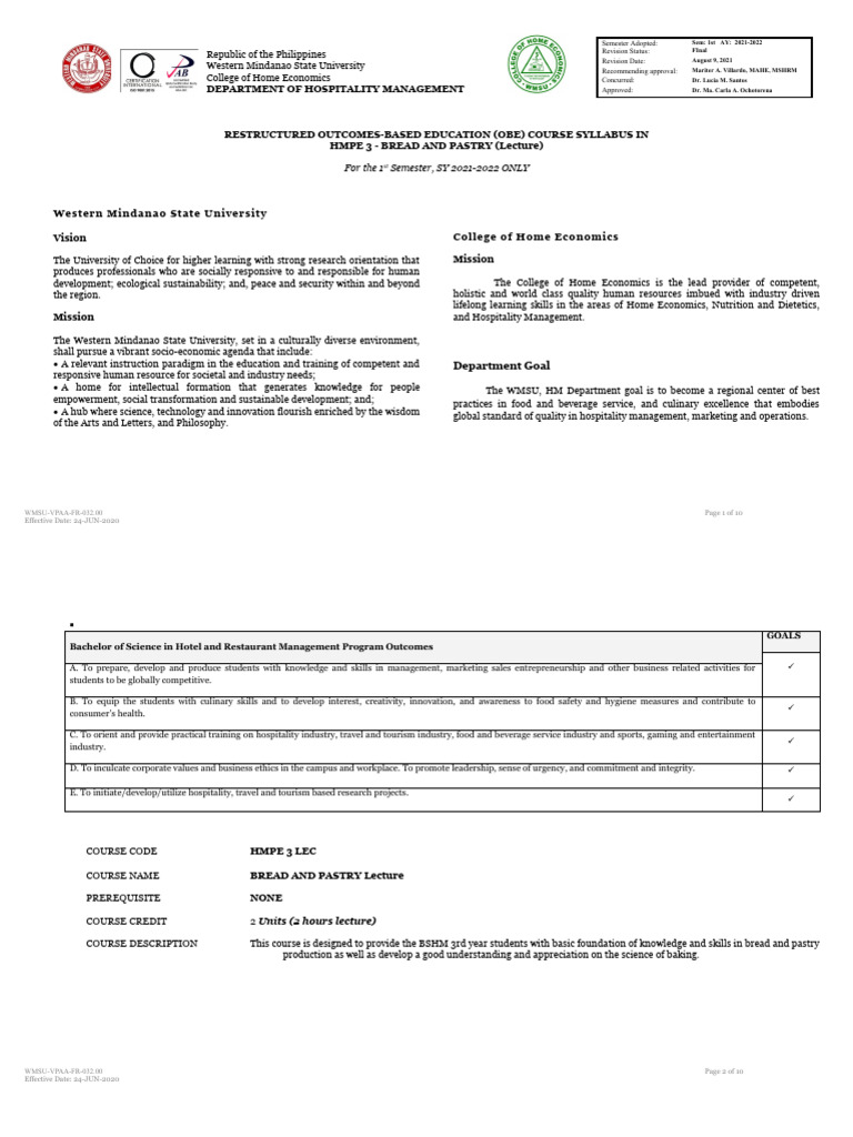 Bakery and Pastry LEC Restructured Syllabus 1st Sem SY20 21 Final To Print OK | PDF | Learning ...