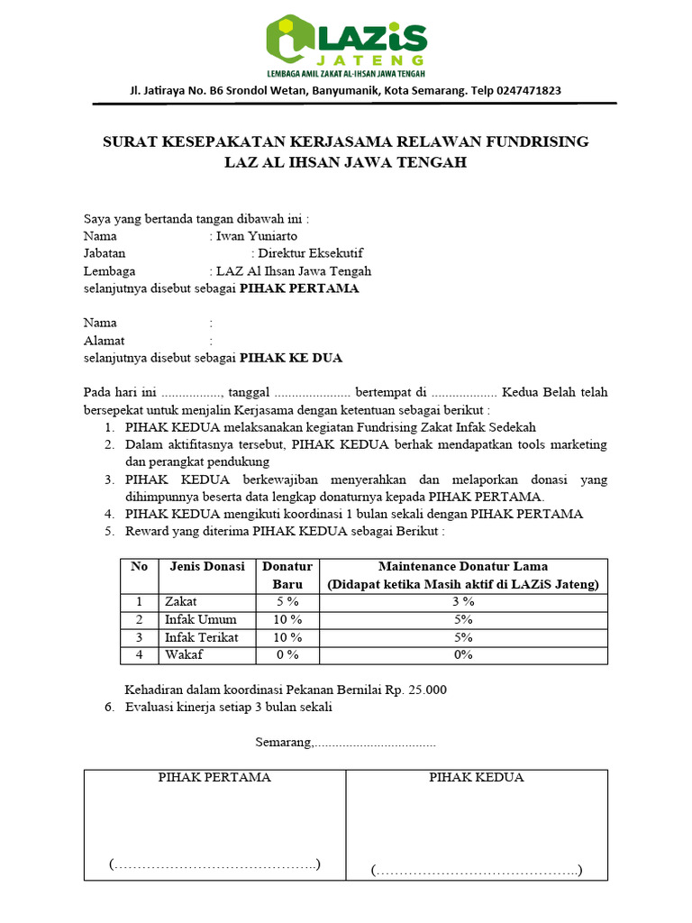 Surat Kesepakatan Kerjasama Relawan Fundrising | PDF