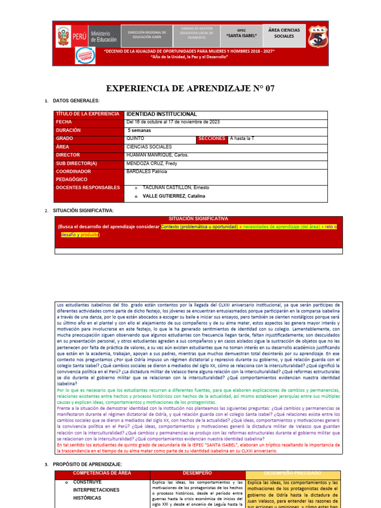 EXPERIENCIA DE APRENDIZAJE - 07 5to CCSS | PDF