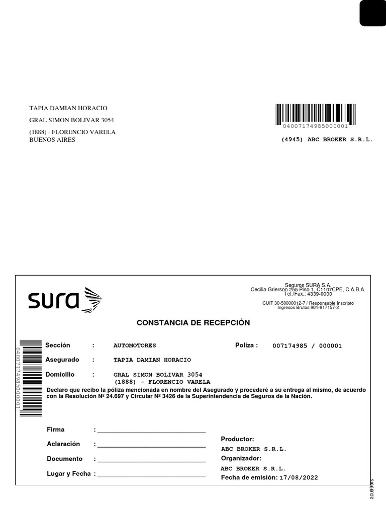 Poliza N 7174985 Damian Tapia Endoso 1 Sura | PDF | Póliza de seguros ... Poliza N 7174985 Damian Tapia Endoso 1 Sura | PDF | Póliza de seguros ...