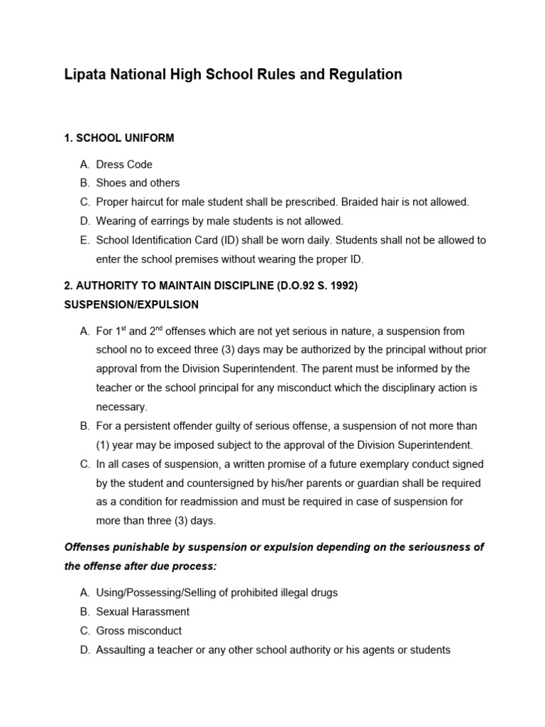 Lipata National High School Rules and Regulation | PDF