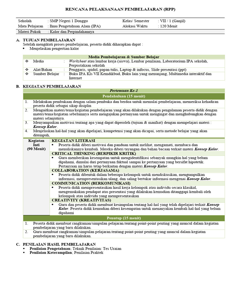 RPP IPA BAB 5 KALOR DAN PERPINDAHANNYA | PDF