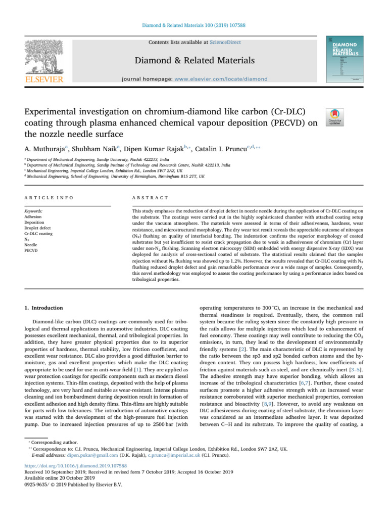Experimental Investigation On Chromium Diamond Like Carbon Cr Dlc Pdf Chemical Vapor