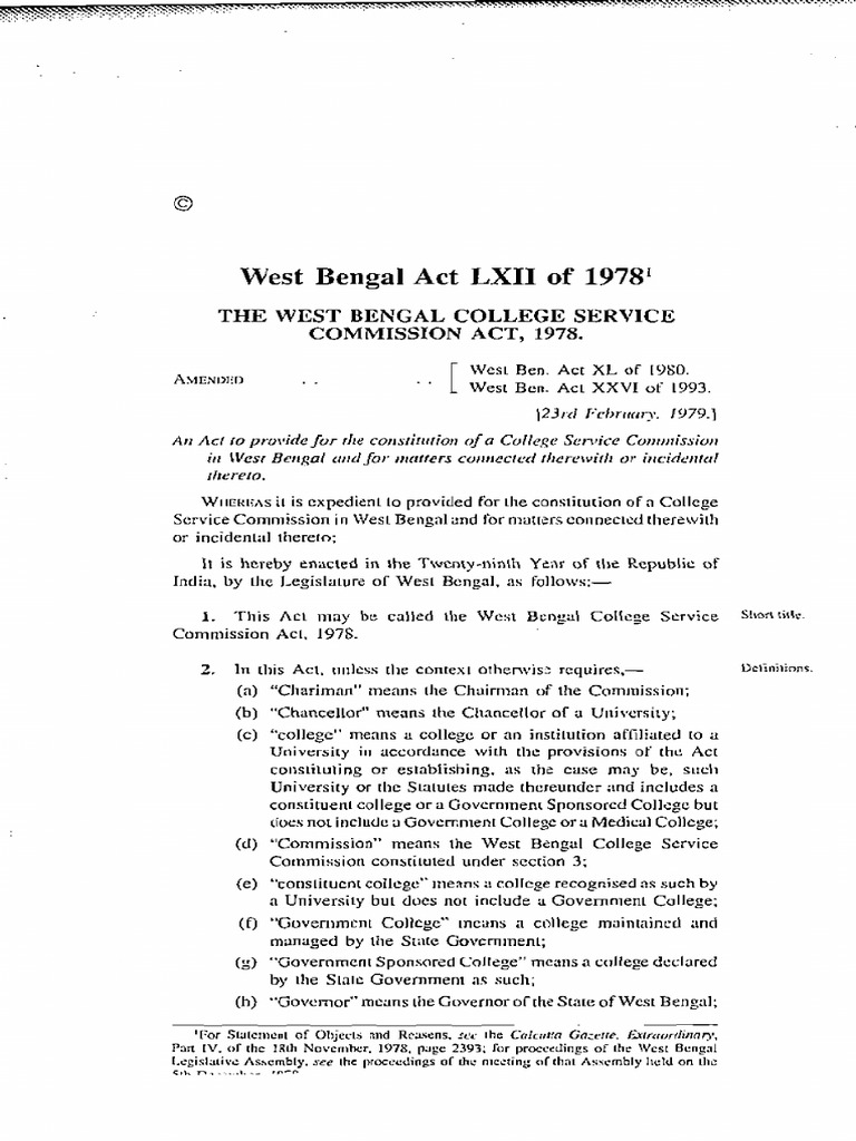West Bengal College Service Commission Act 1978 - 034437 | PDF
