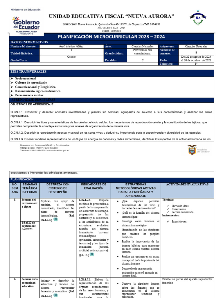 Planificación Semanas 5-9 Octavo | PDF | Sistema inmune | Aprendizaje